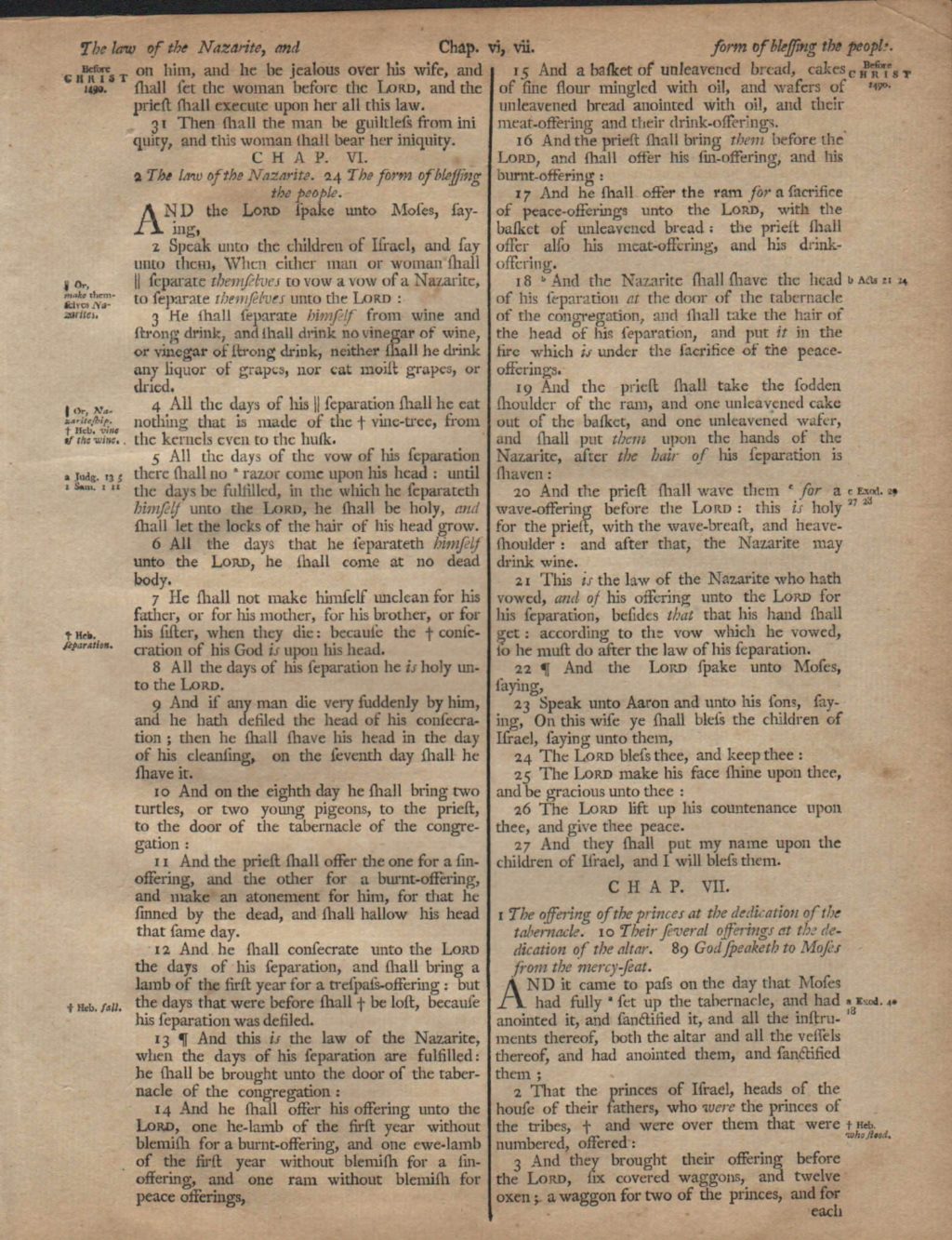 King James (Collins) - 1791 - NUMBERS 5-7 - Historic Bibles & Engravings